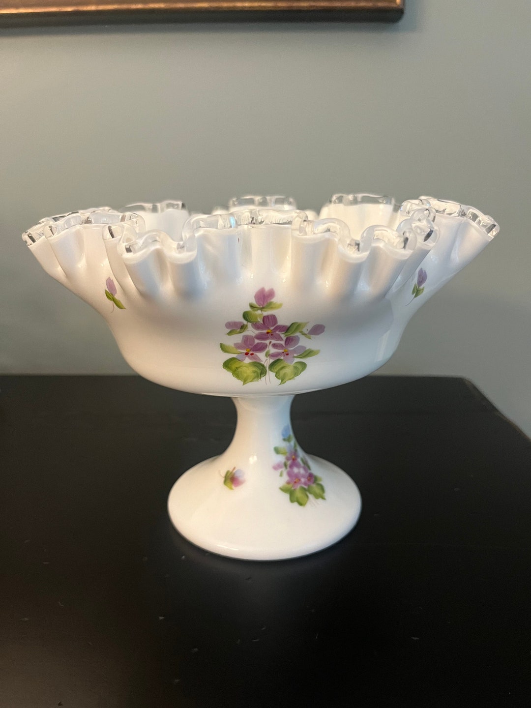 Vintage Fenton Silver Crest Ruffled Glass Violets in Snow Compote Bowl ...