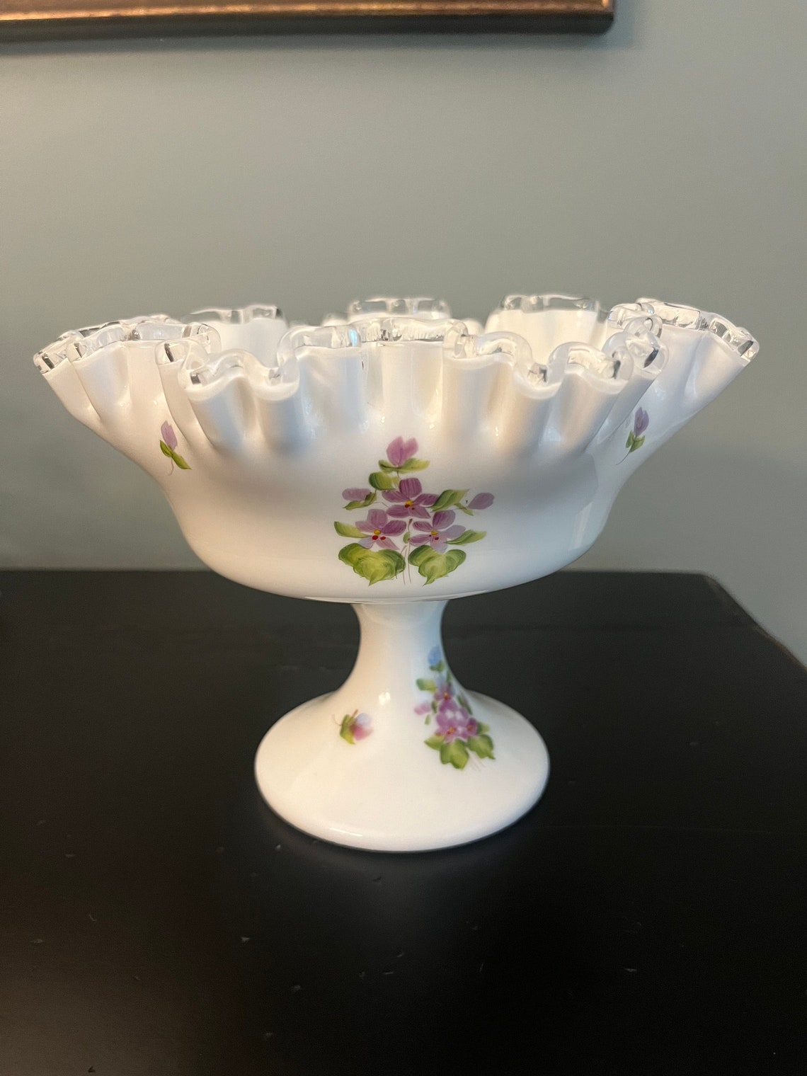Vintage Fenton Silver Crest Ruffled Glass Violets in Snow Compote Bowl ...