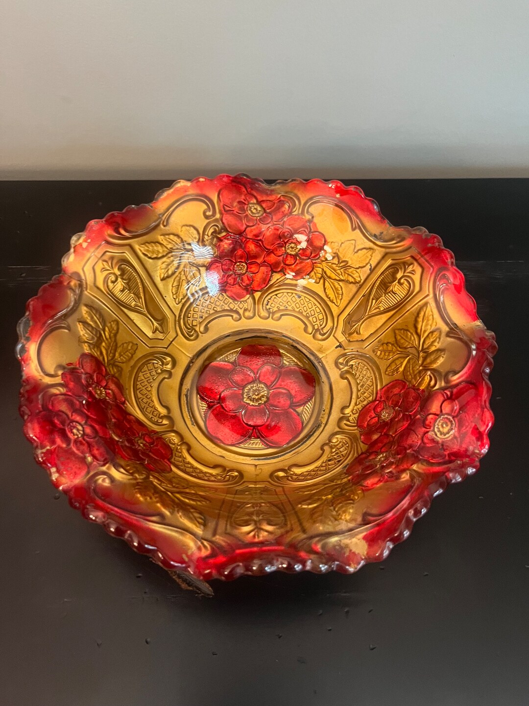 Antique Goofus Glass - Reverse Painted - Wild Rose - Gold and Red ...