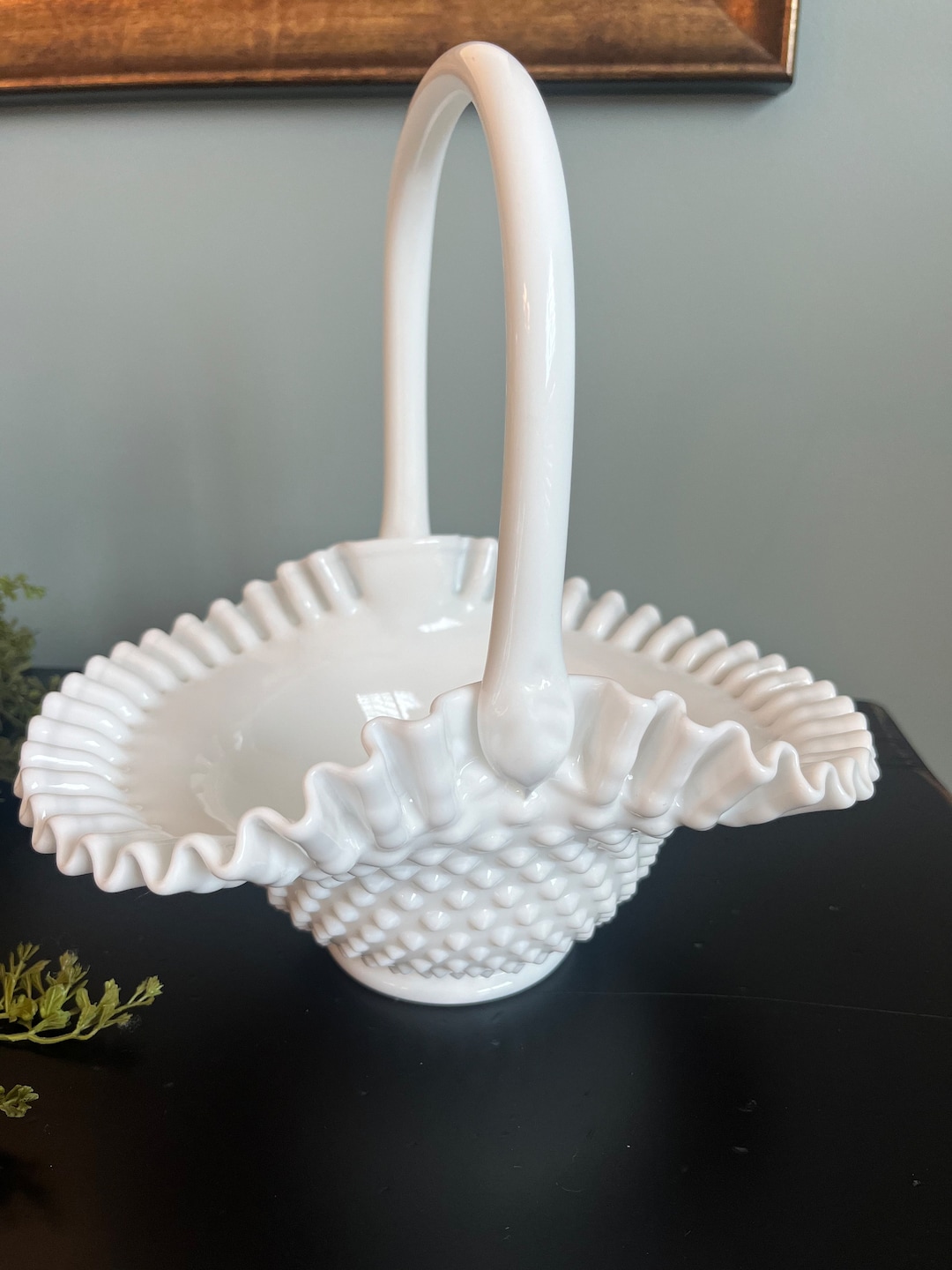 Large Vintage Fenton Hobnail White Milk Glass Basket With Handle ...