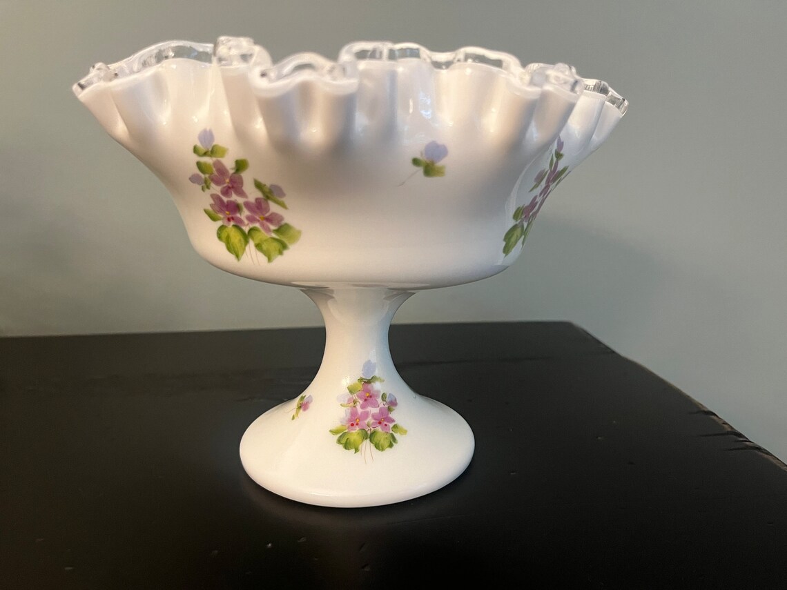 Vintage Fenton Silver Crest Ruffled Glass Violets in Snow Compote Bowl ...