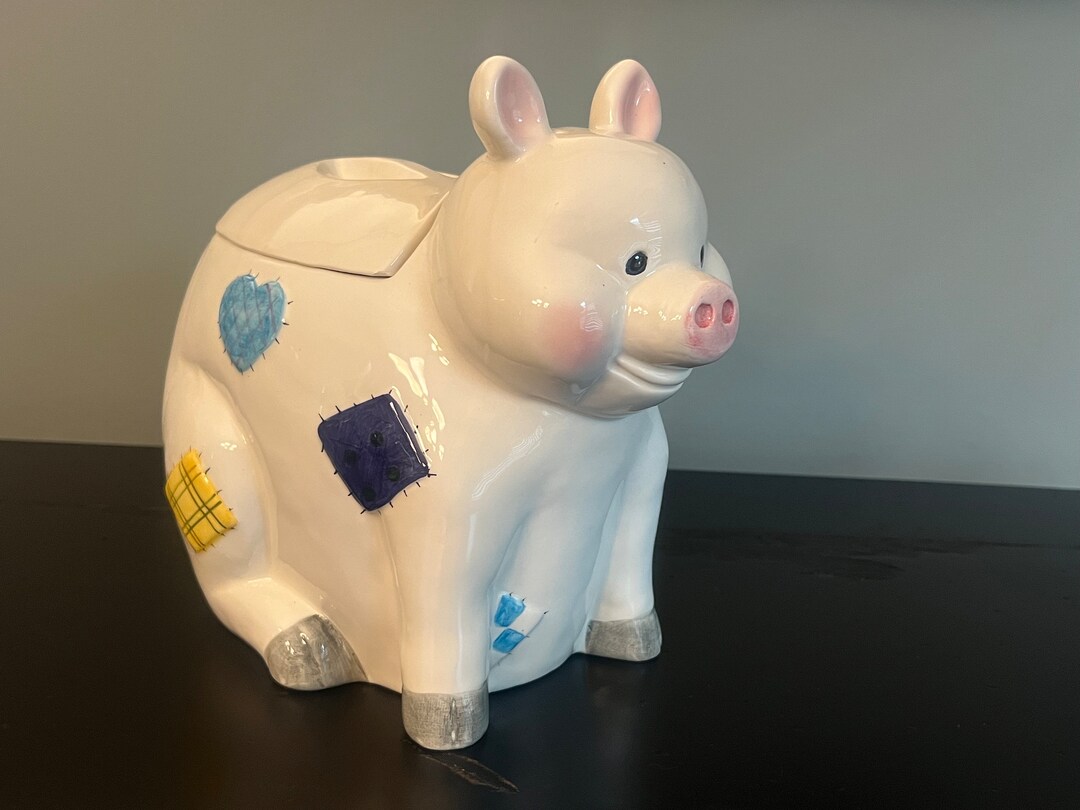 Vintage Cream Ceramic Pig Cookie Jar - Pink Details - Patchwork Spots ...