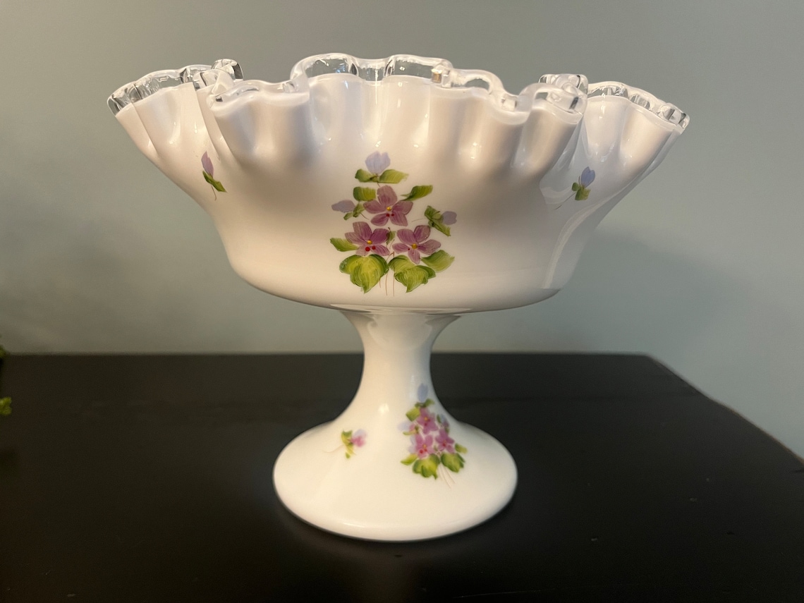 Vintage Fenton Silver Crest Ruffled Glass Violets in Snow Compote Bowl ...