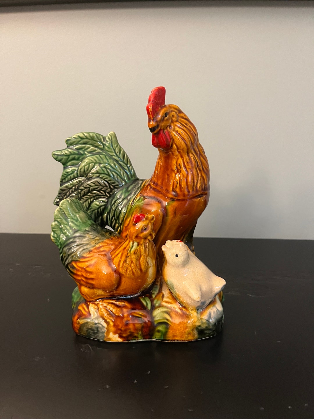 Vintage Drip Glaze Ceramic Rooster, Hen, and Baby Chicken Figurine ...