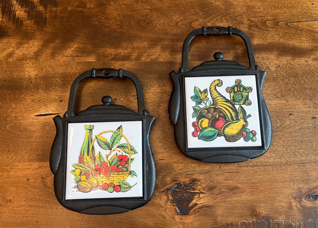 Set of 2 Vintage Decorama Cast Iron and Ceramic Tile Trivets or Wall ...