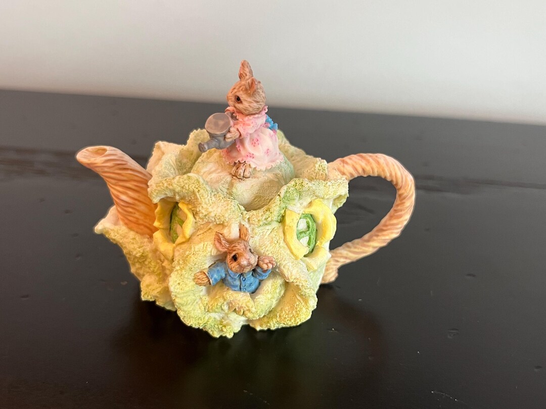 Miniature Resin Lettuce Cottage Teapot Figurine Featuring Rabbits and ...