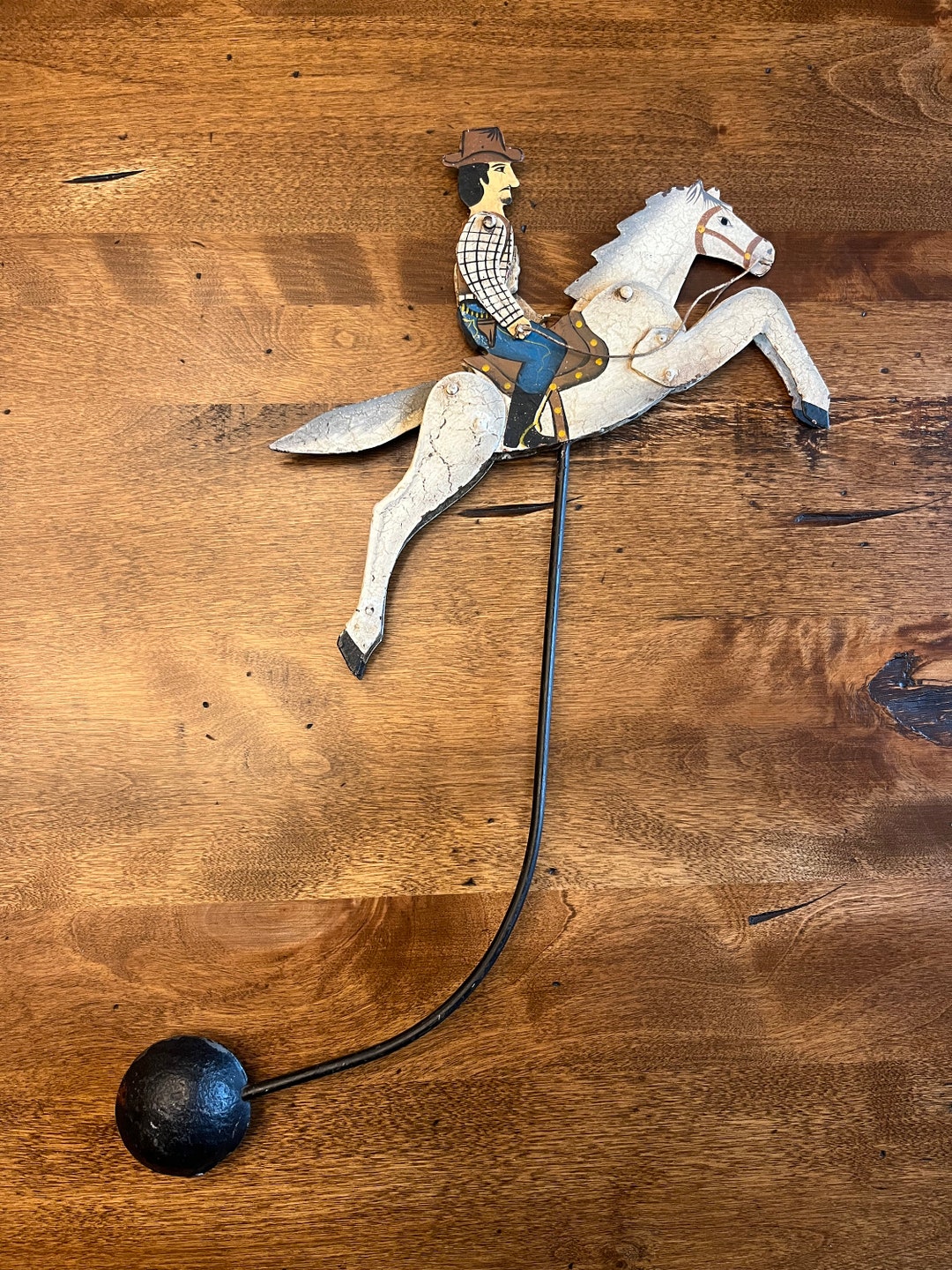 Vintage Automata Cowboy Painted Metal Pendulum Rocking Horse Rider Toy ...