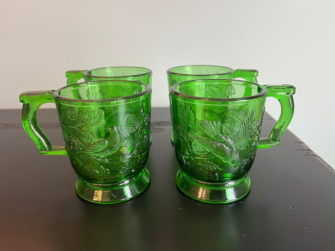 Vintage Set of 4 Mosser Robin in A Tree Mugs / Handled Glasses - Green ...