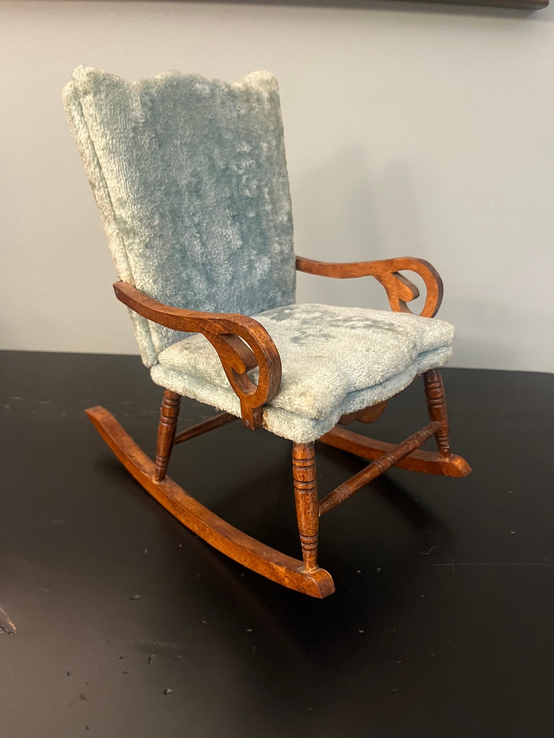 Vintage / Antique Doll Rocking Chair - Light Blue Soft Velvet Like ...