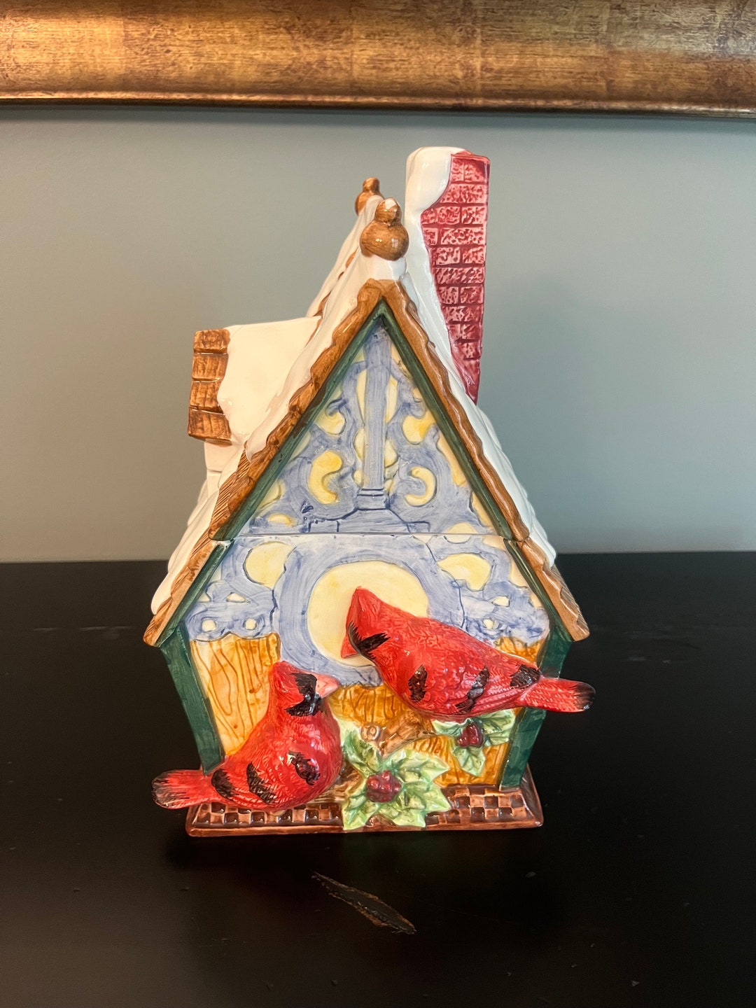 Vintage Cardinal Birds Birdhouse Winter Cookie Jar - Small Chips - Read ...