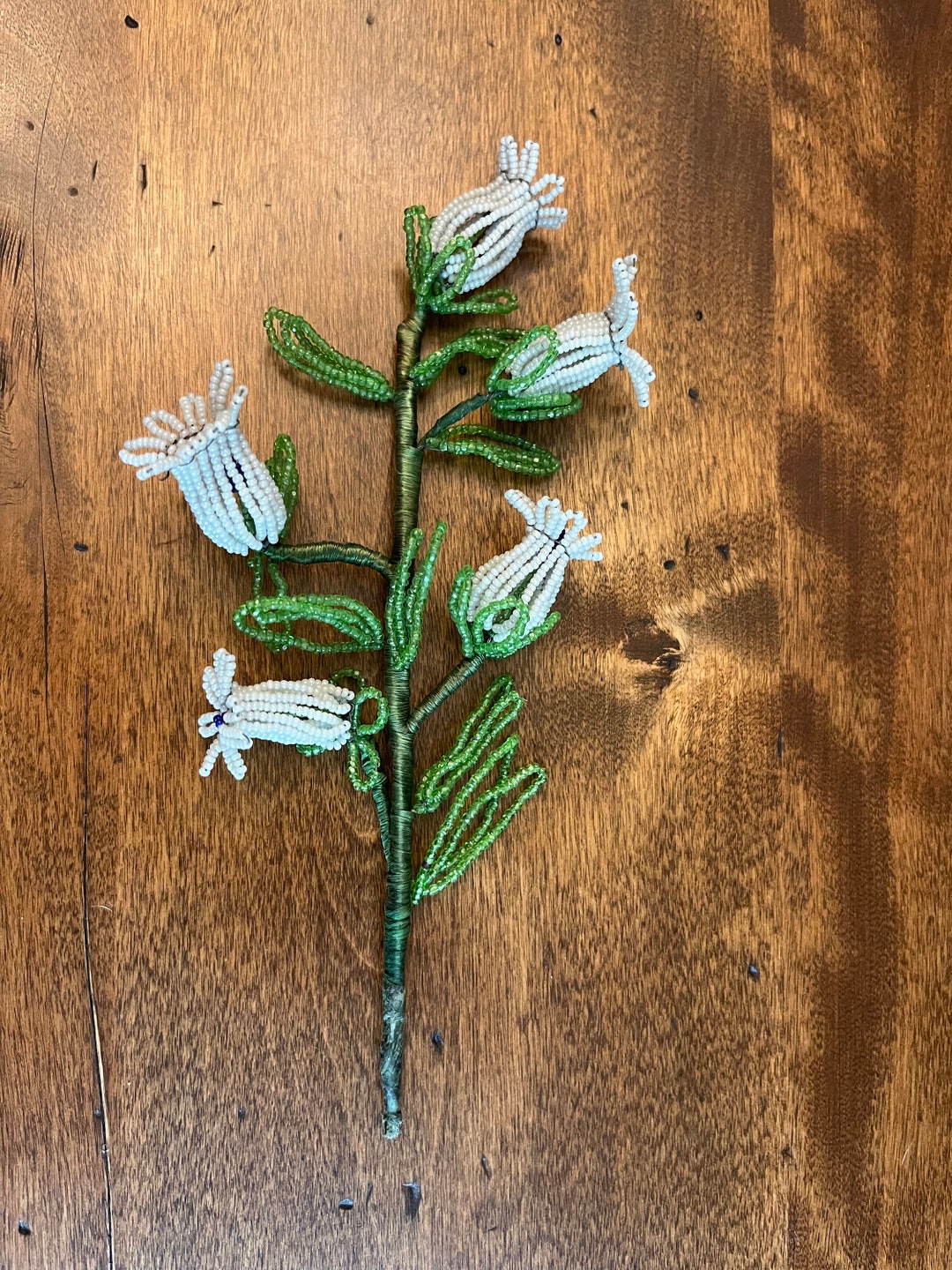 Vintage French Glass Beaded White Bell Shaped Flower With Dark Blue ...