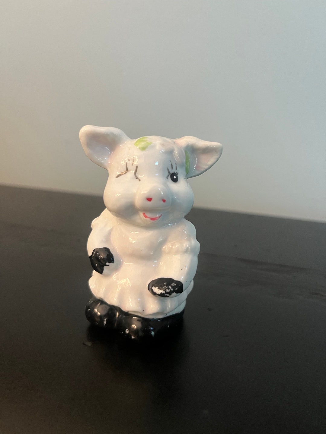 Vintage Smiley Winking Girl Pig - Dress, Flowers in Hair Salt or Pepper ...