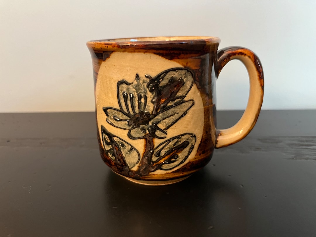 Vintage Stoneware Pottery Mug - Raised Floral Design - Coffee Mug ...