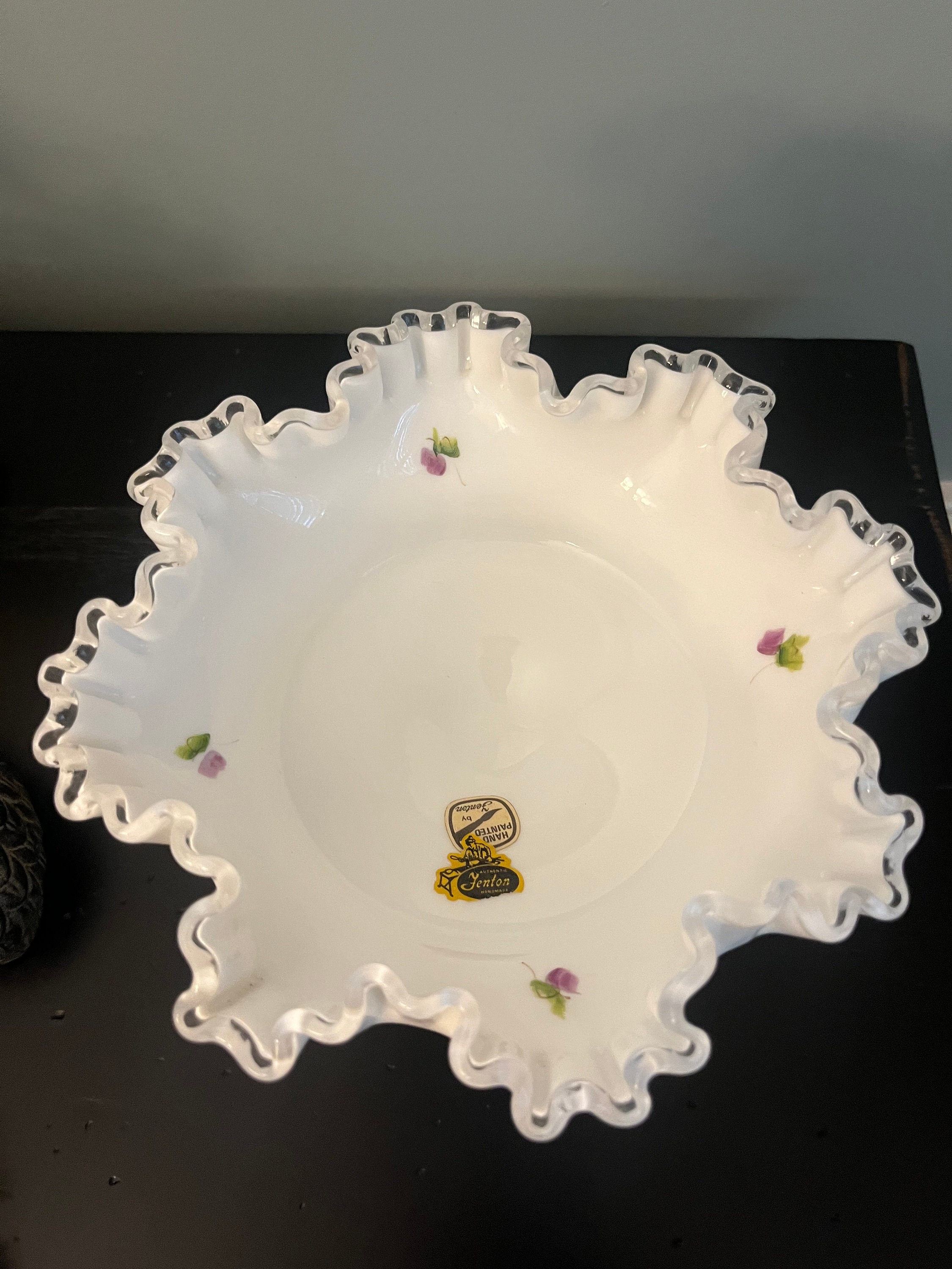 Vintage Fenton Silver Crest Ruffled Glass Violets in Snow Compote Bowl ...