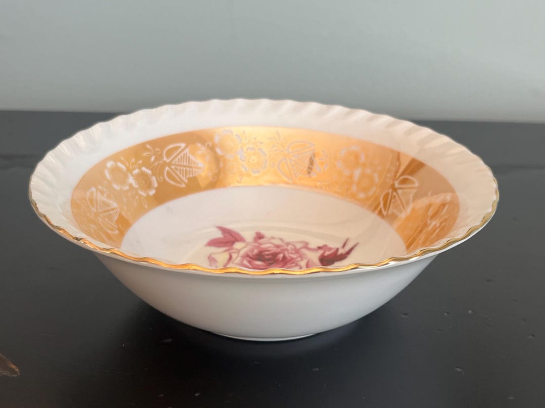 Vintage Yellow / Gold Lusterware Bowl With Pink Rose Design - Beautiful ...