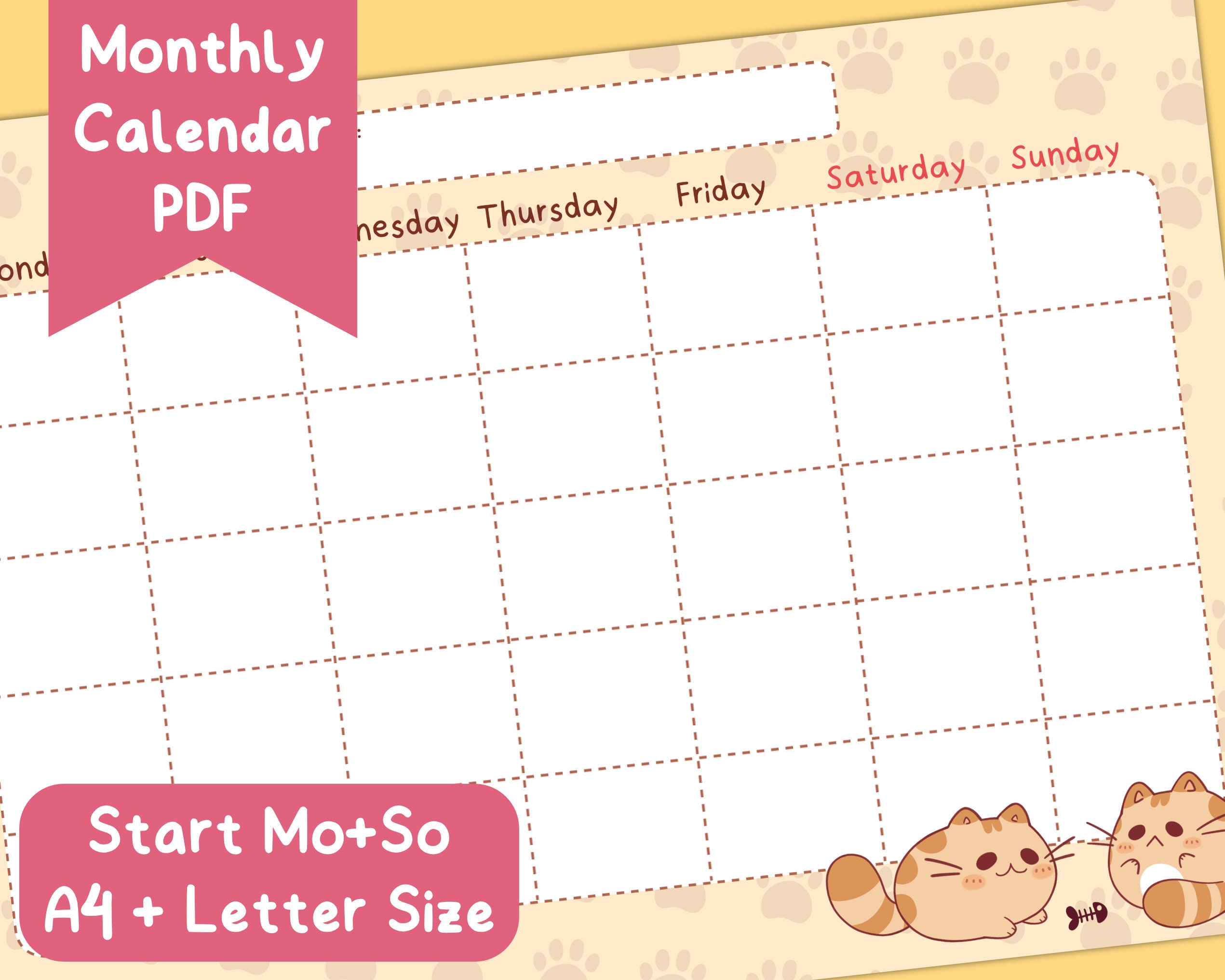 Monthly Calendar PDF Cat Pair, Kawaii Undated Montly Planner With Cute ...
