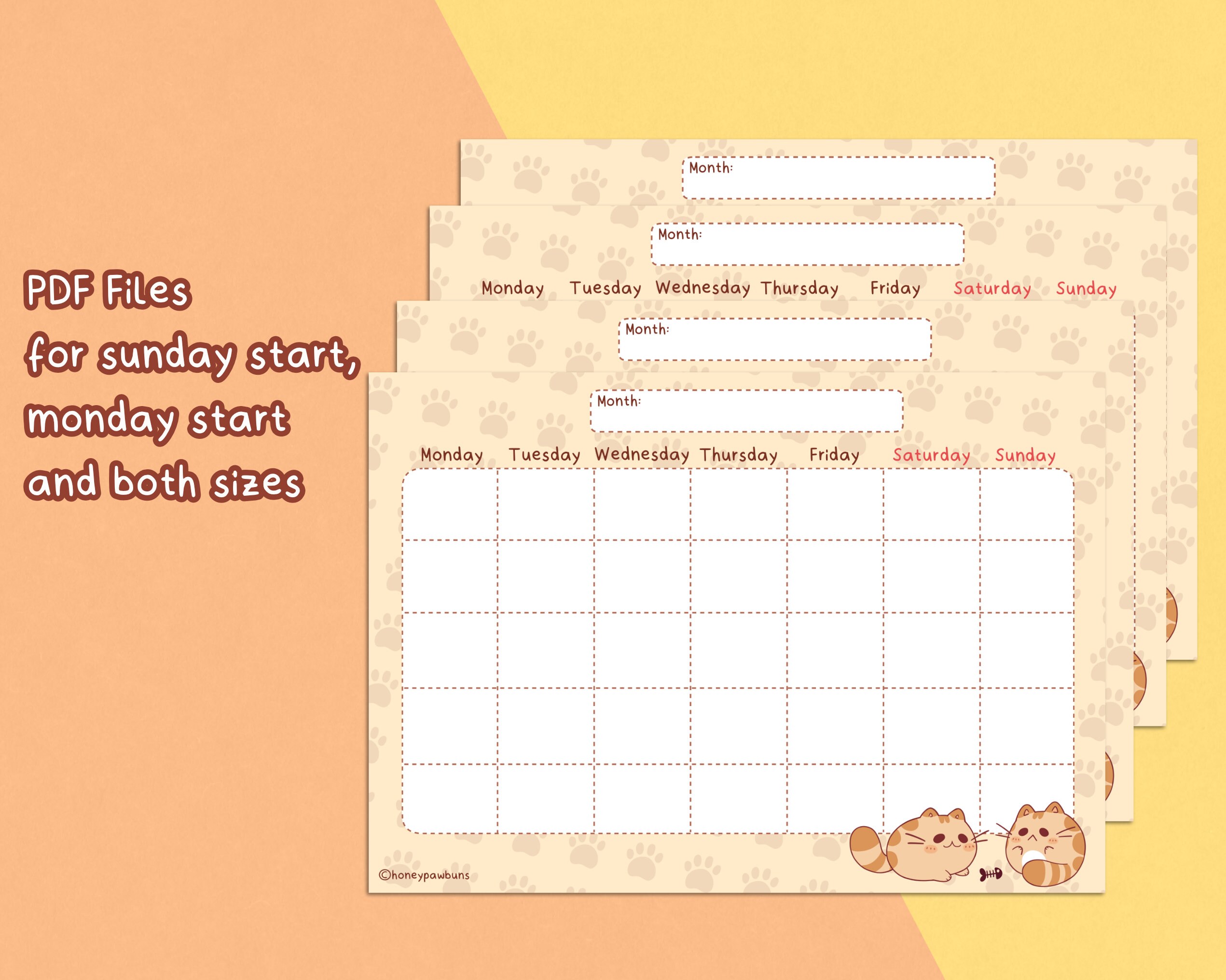 Monthly Calendar PDF Cat Pair, Kawaii Undated Montly Planner With Cute ...