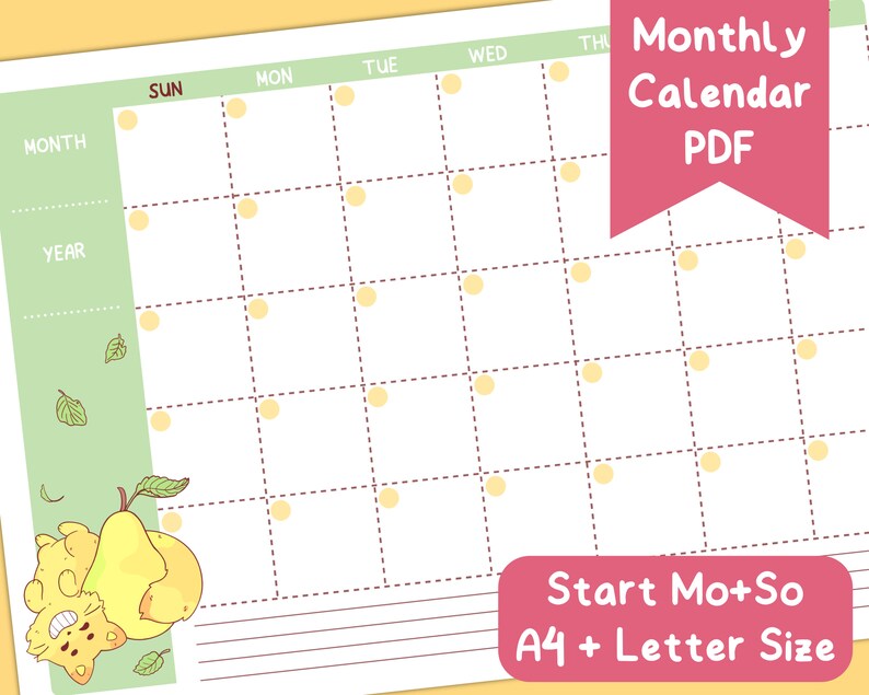 Monthly Planner PDF Pear Cat, Kawaii Undated Monthly Calendar With Cute ...