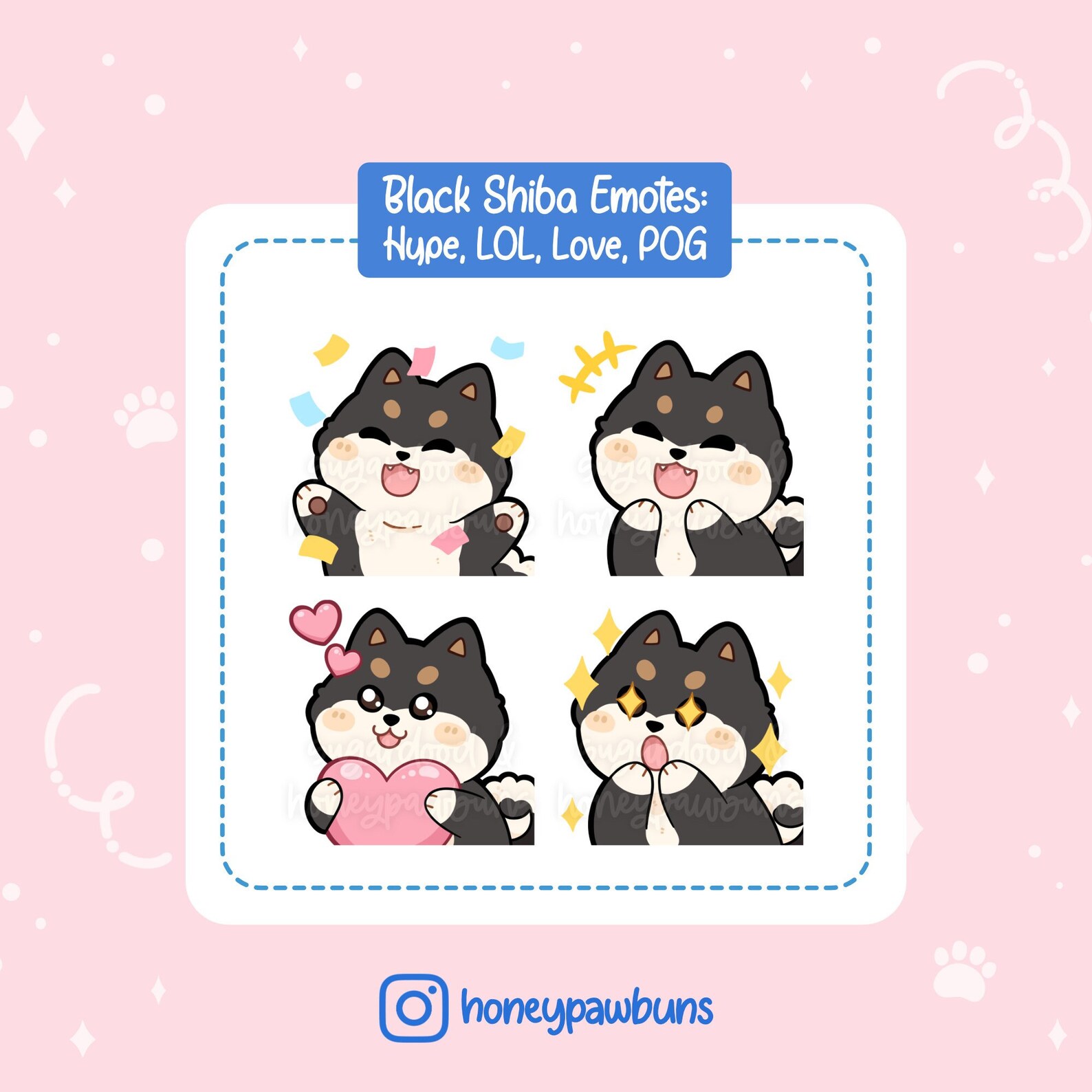Black Shiba Inu Emote Set: Hype, LOL, Love, POG. Kawaii Dog Emojis for Twitch Live Streaming ...