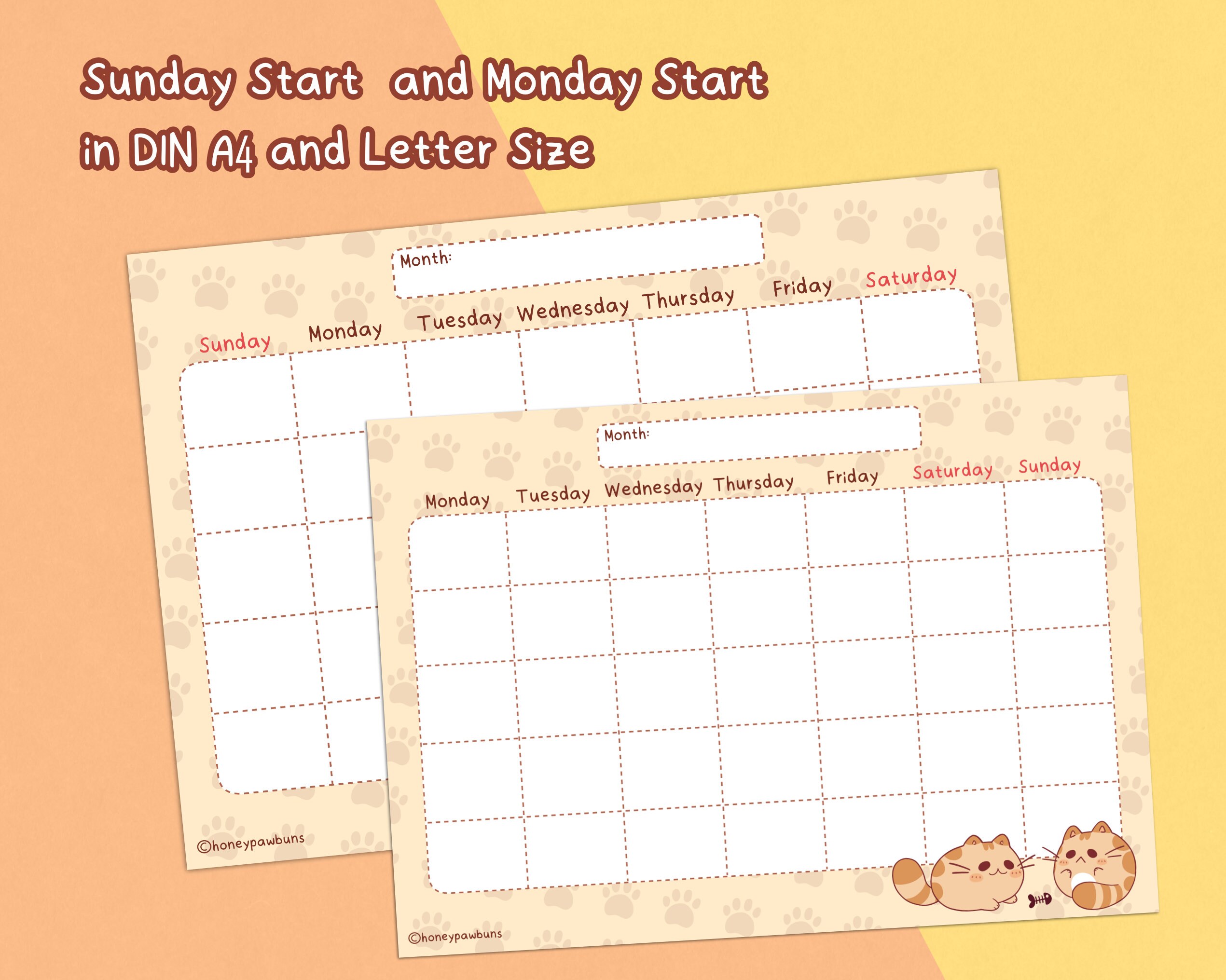 Monthly Calendar PDF Cat Pair, Kawaii Undated Montly Planner With Cute ...