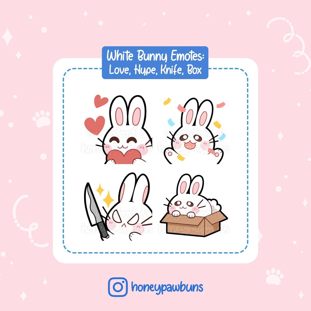 Twitch Emote Set: Herz, Hype, Knife, Box. Cute White Bunny Emojis for ...