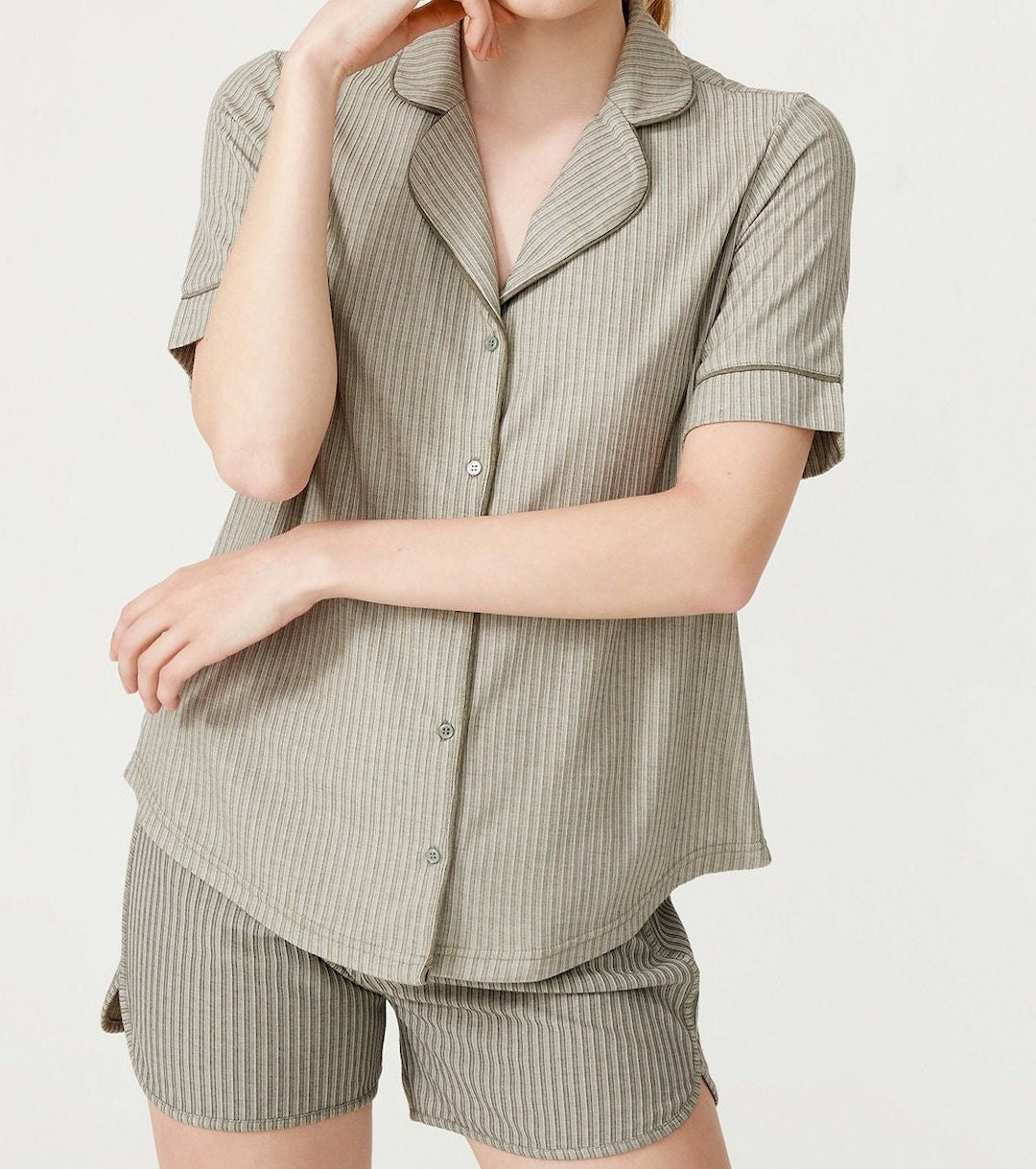 Cotton Boyfriend Pajamas With Shorts, Women Soft Loungewear, Striped ...