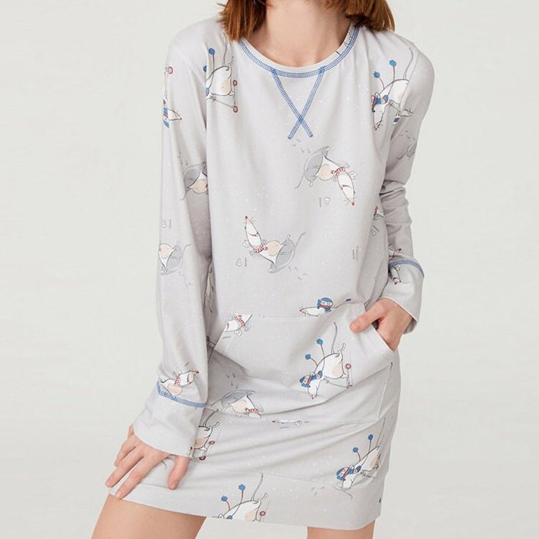 Cotton Holiday Nightshirt: Women's Long Sleeve Sleepwear With Mice ...
