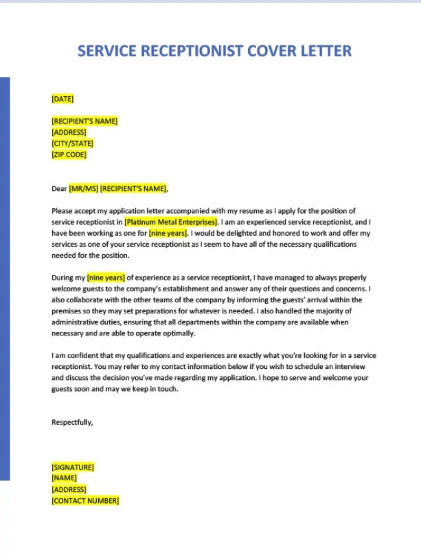 COVER LETTER Receptionist Position Editable Cover Letter Template Cover ...