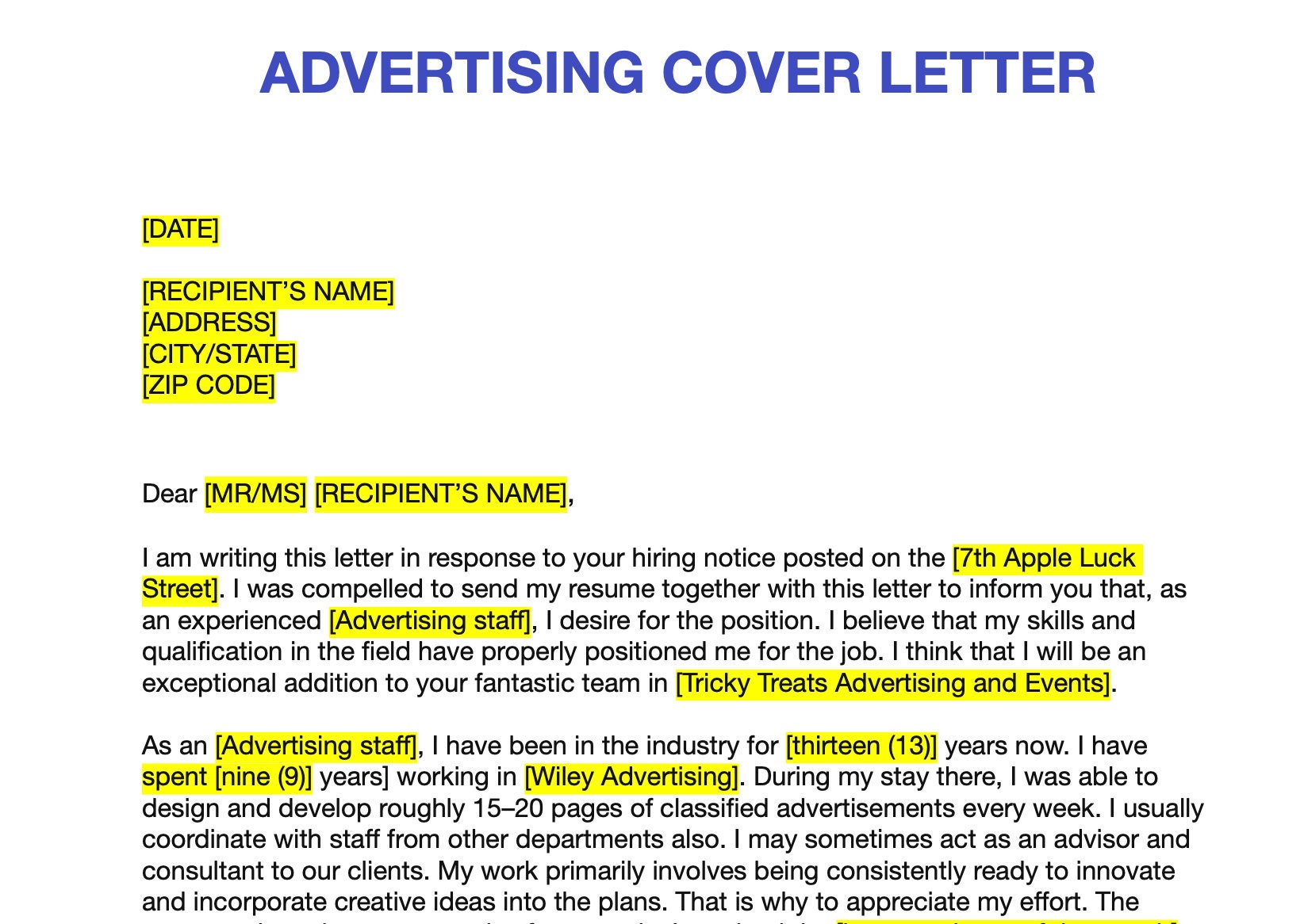 COVER LETTER for Advertising Staff Editable Cover Letter Template for ...