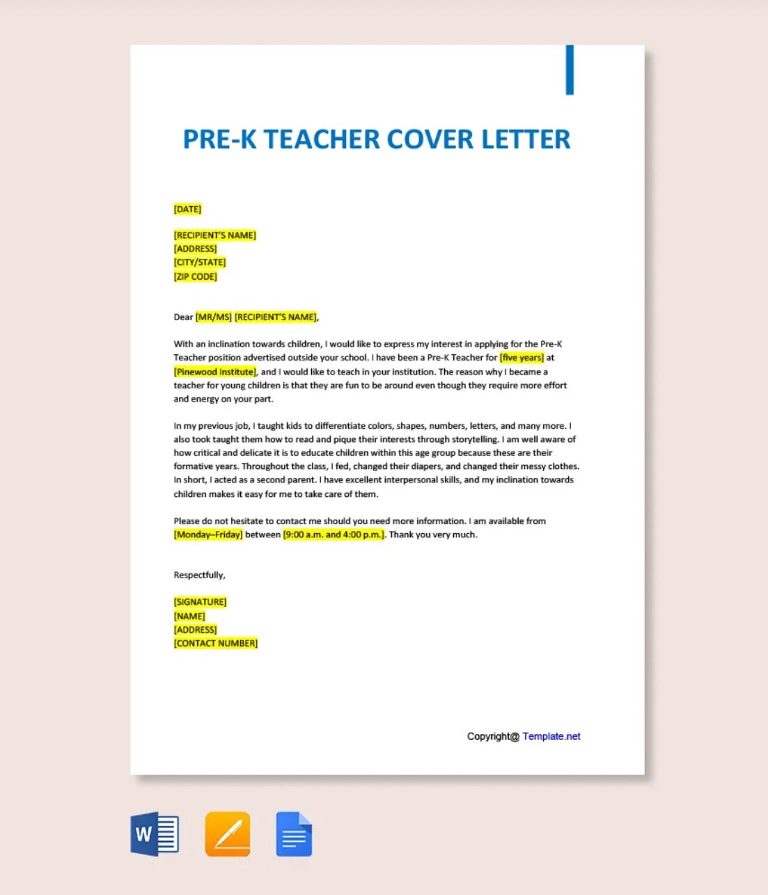 COVER LETTER Pre-k Teacher Cover Letter Editable Cover Letter for Pre K ...