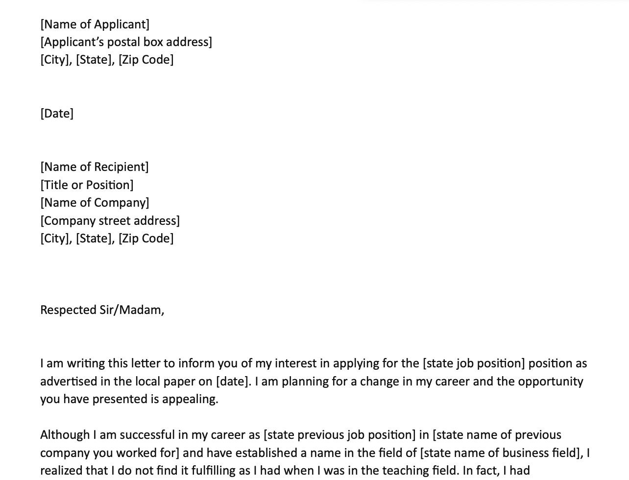 COVER LETTER Transition to a Teaching Career Editable Digital Cover ...