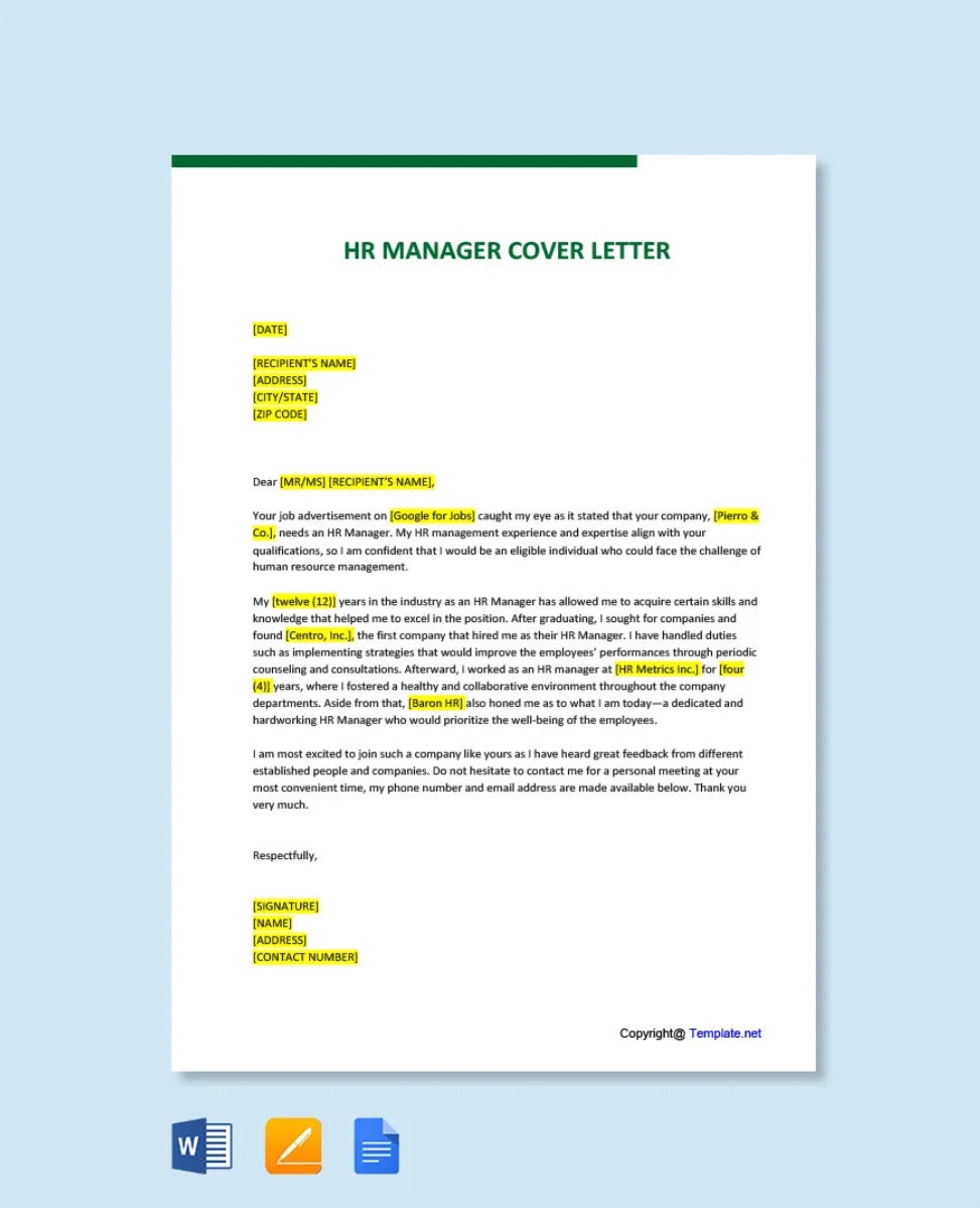 COVER Letter HR Manager Editable HR Manager Cover Letter - Etsy
