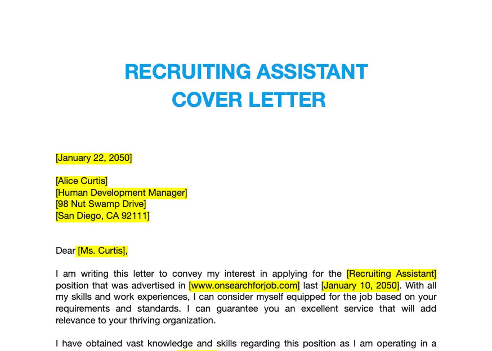 COVER LETTER Recruiting Assistant Position Editable and Affordable ...