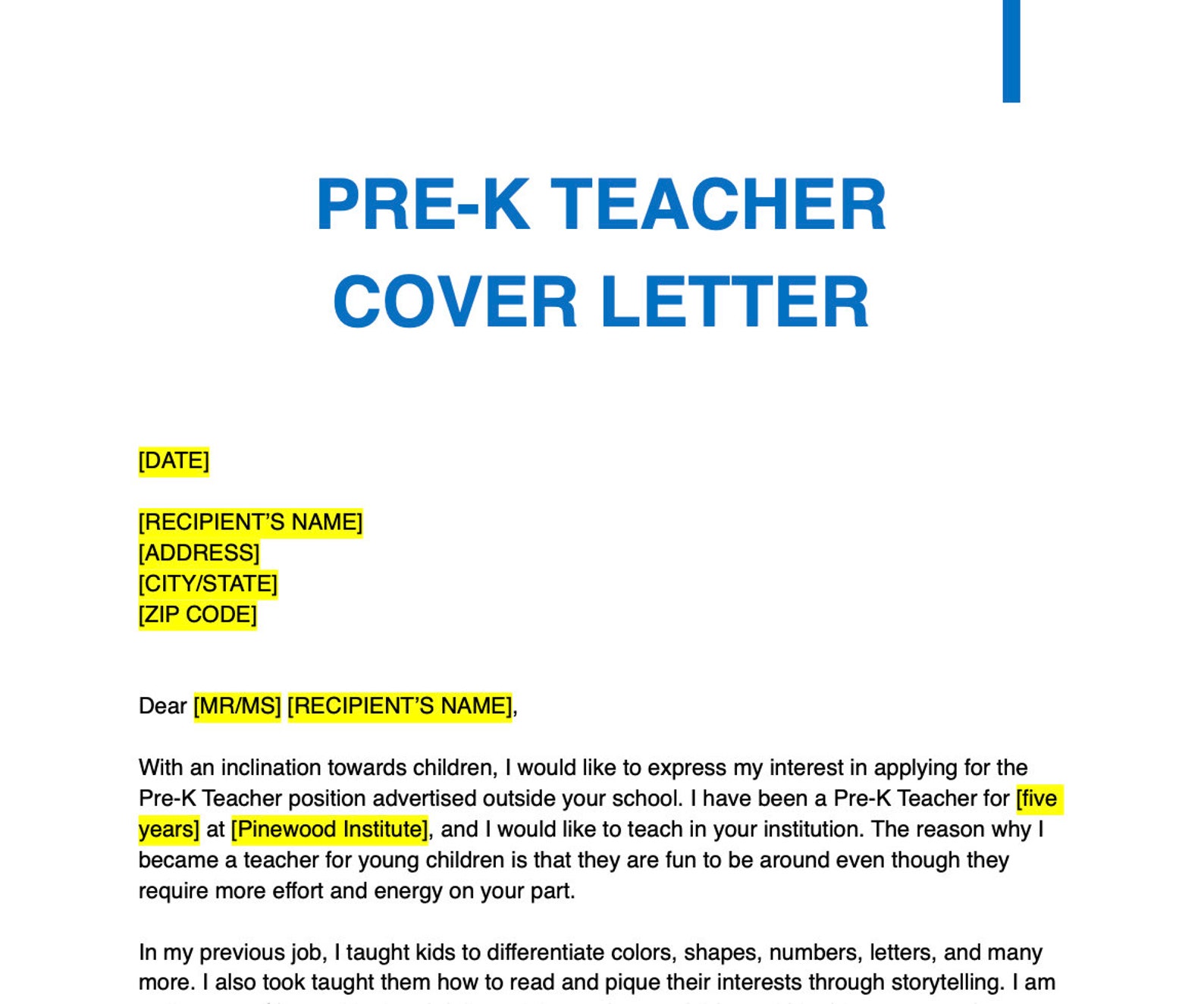 COVER LETTER Pre-k Teacher Cover Letter Editable Cover Letter for Pre K ...
