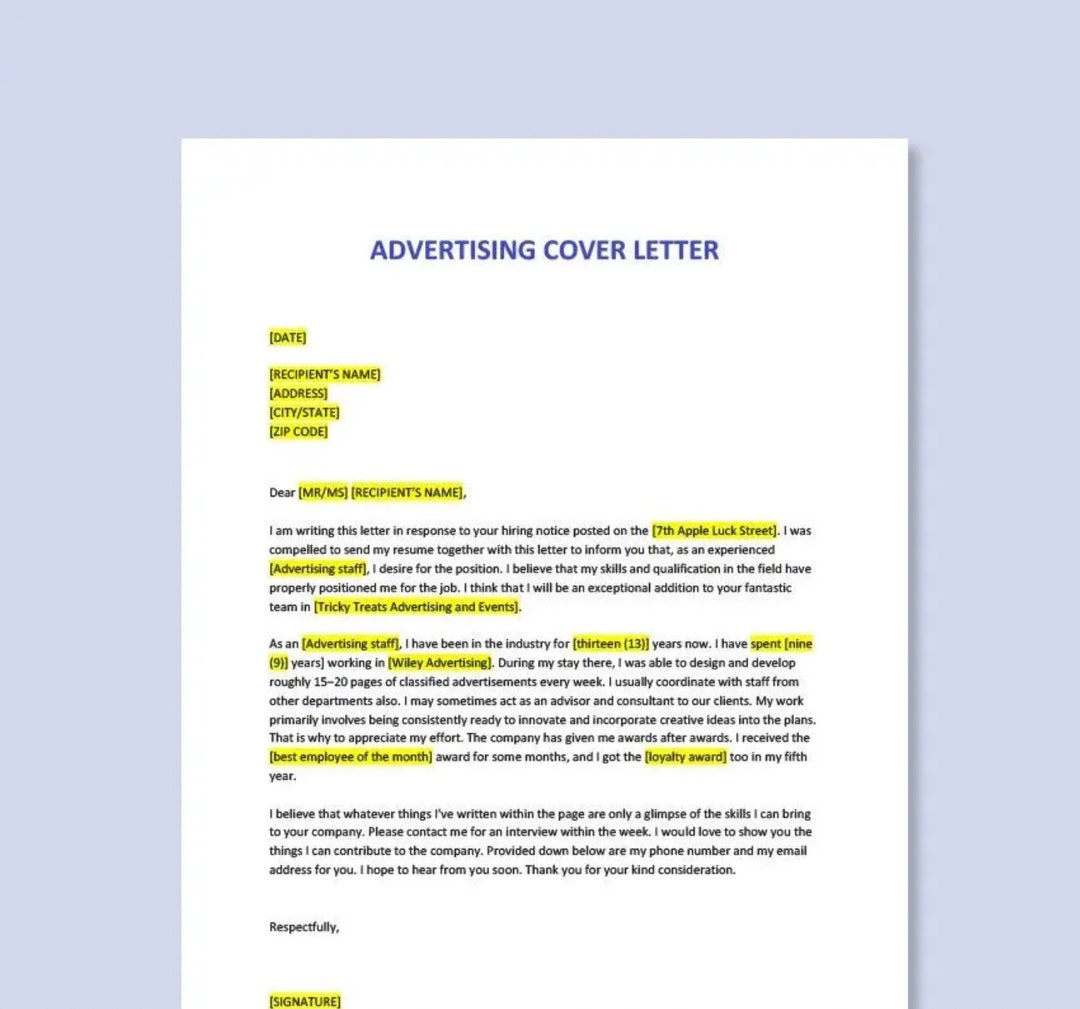 COVER LETTER for Advertising Staff Editable Cover Letter Template for ...