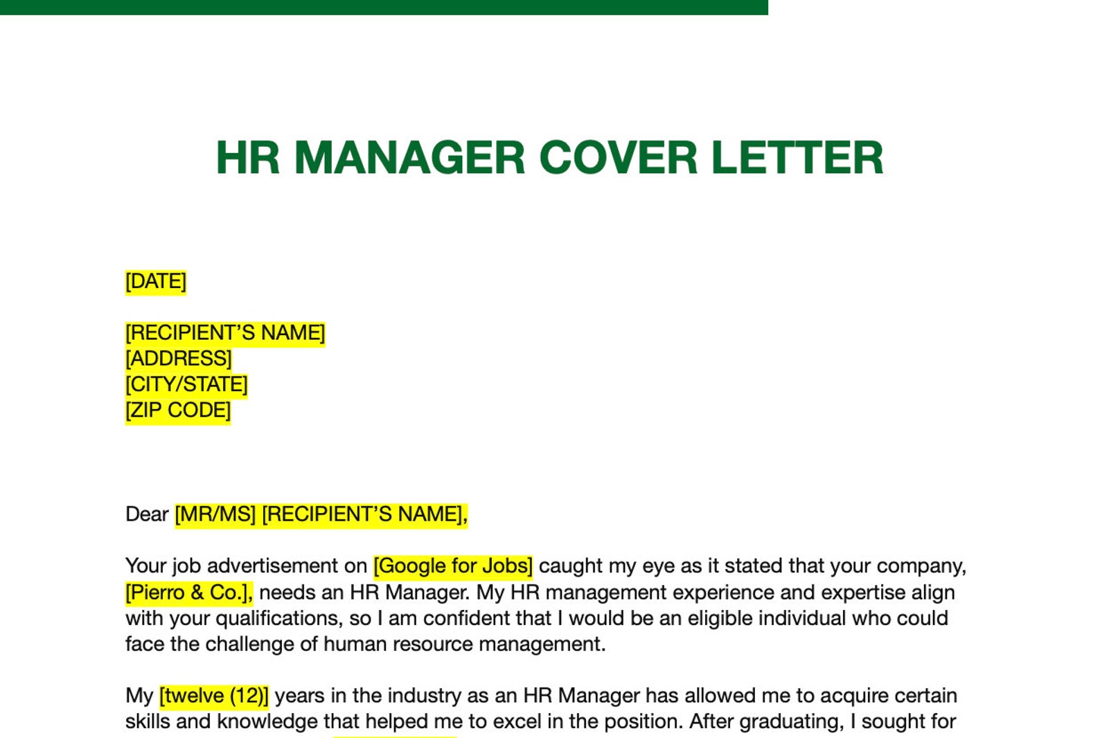 COVER Letter HR Manager Editable HR Manager Cover Letter - Etsy