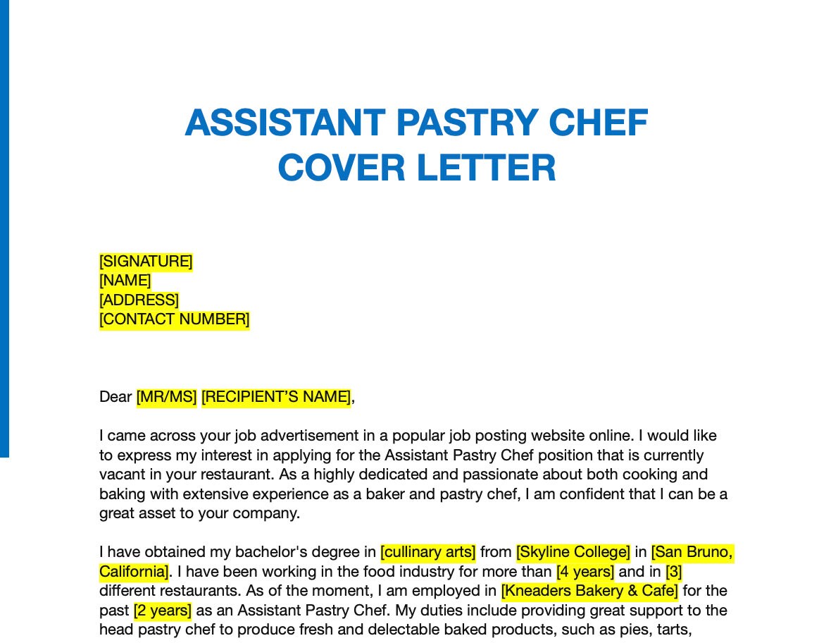 COVER LETTER Assistant Pastry Chef Editable Cover Letter Affordable ...