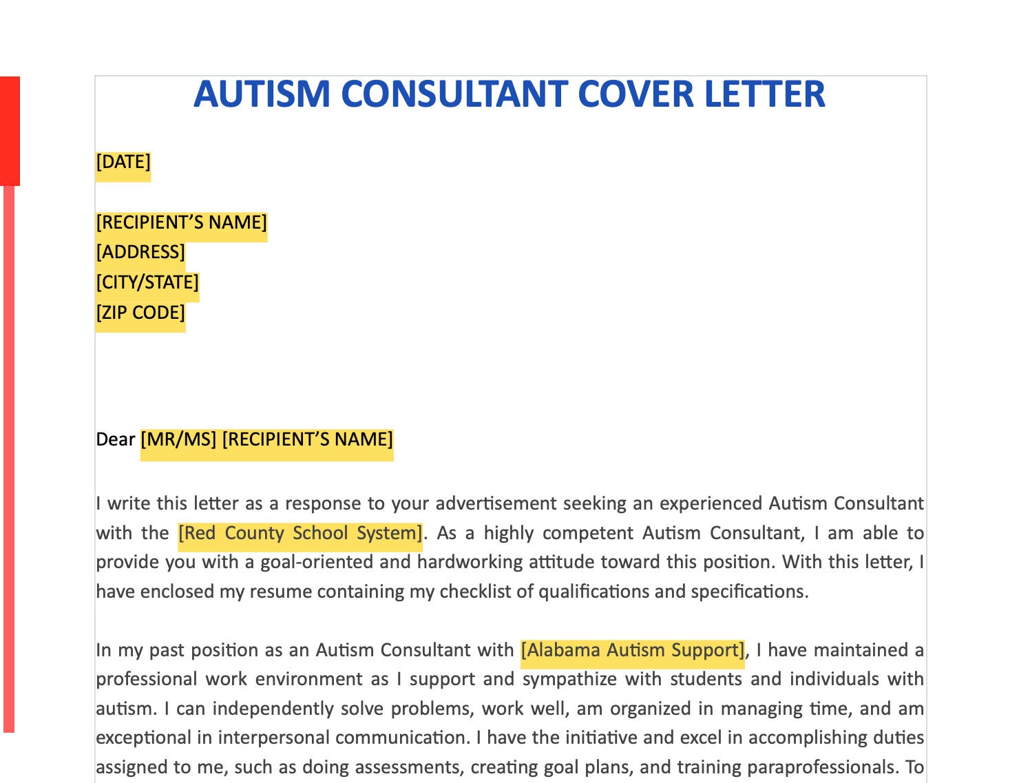COVER LETTER Autism Consultant Position Editable Template for an Autism ...