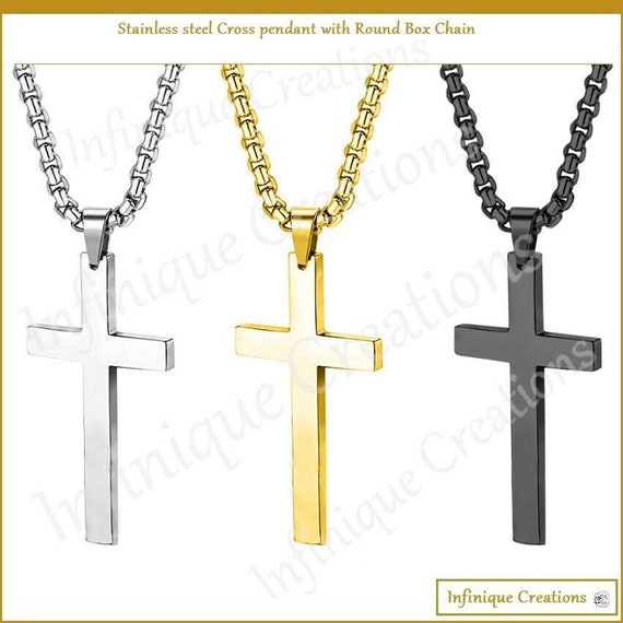 Stainless Steel Cross Pendant With Round Box Chain and Figaro | Etsy