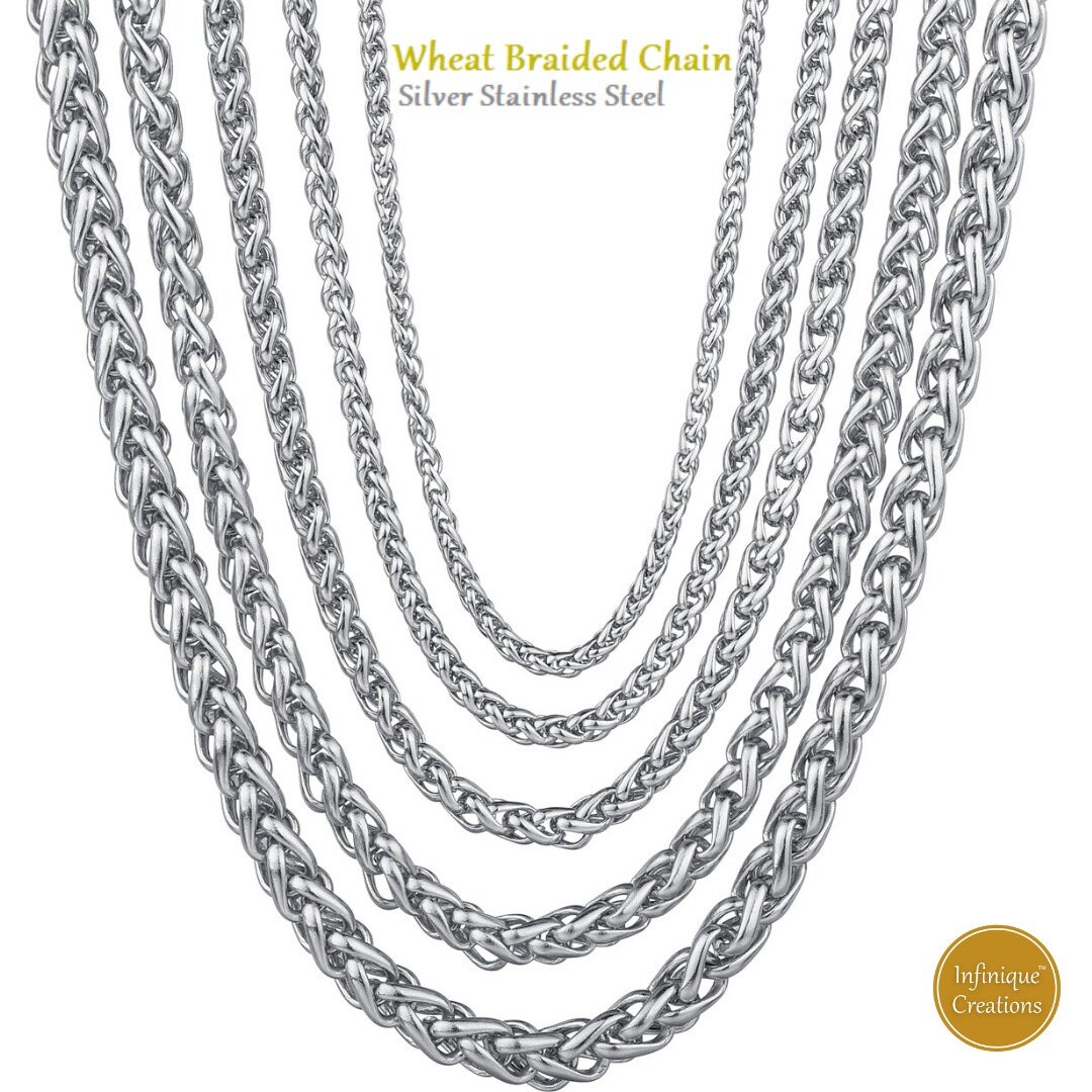 316 Stainless Steel Silver Wheat Braided Chain Bracelet Necklace Men ...