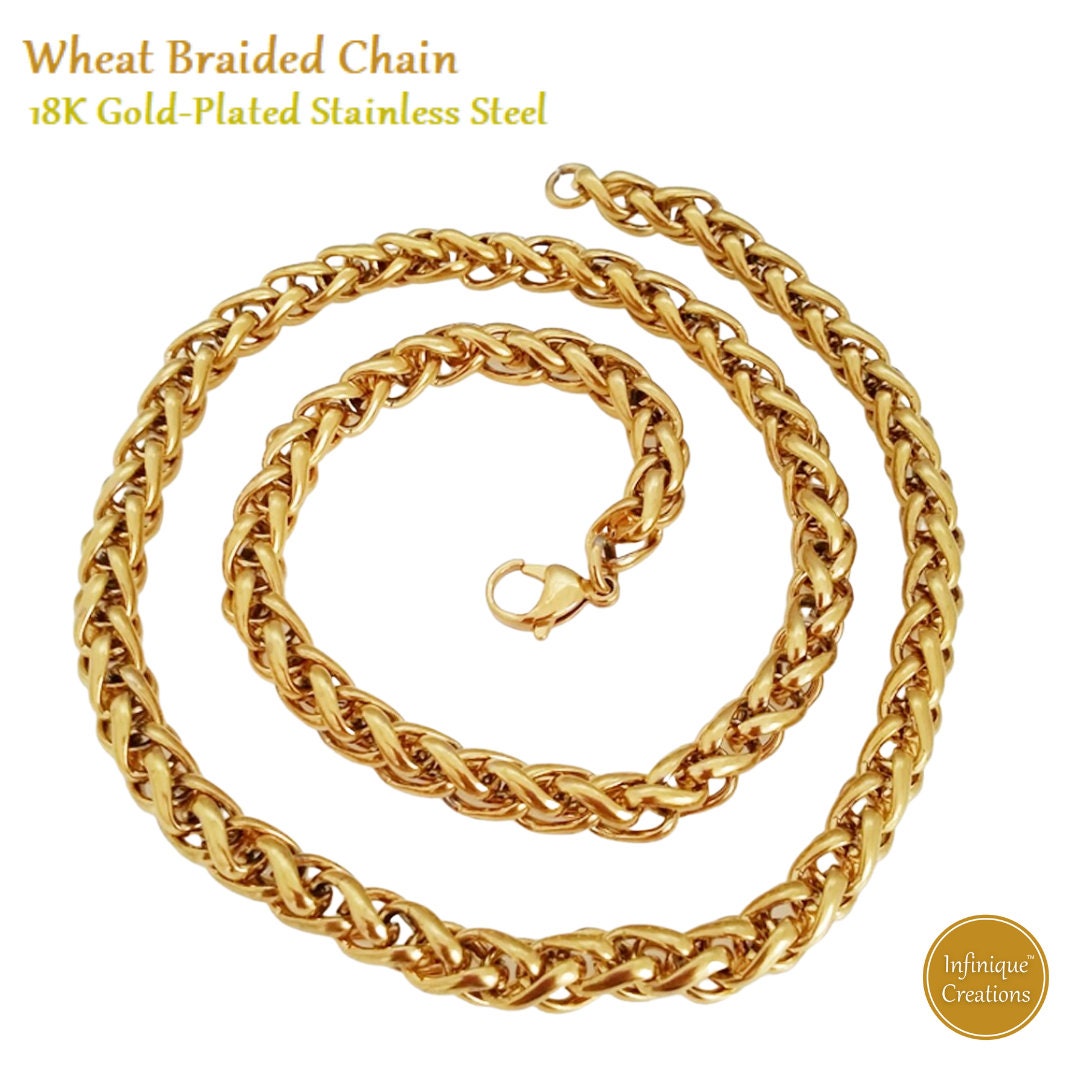 18K Gold Plated Stainless Steel Wheat Braided Chain Bracelet Necklace ...