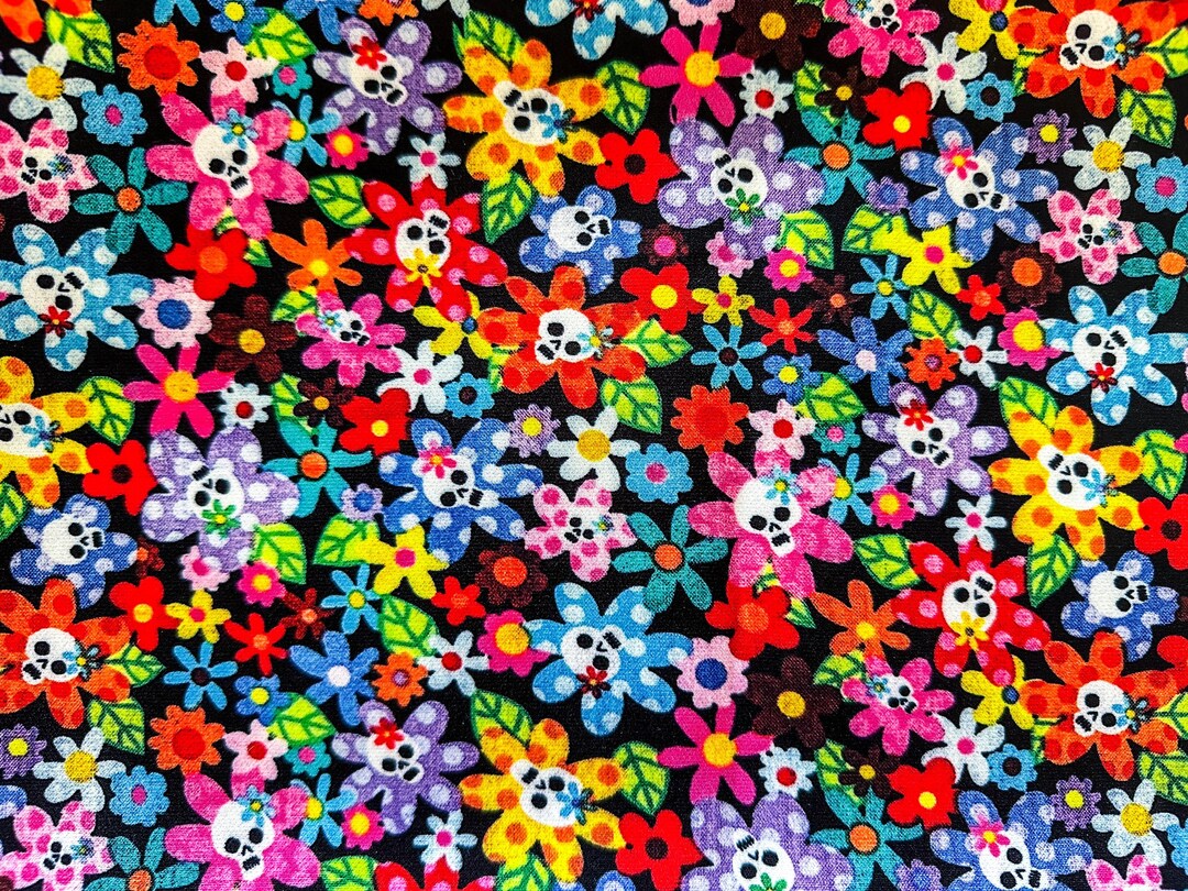 Sugar Skull Floral Polyester Knit Fabric/ Skeleton Stretch Fabric/ Day ...