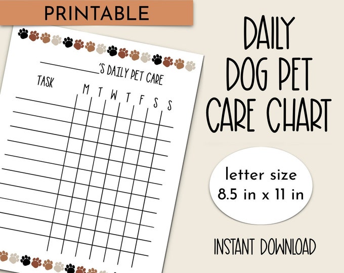 Printable Daily Dogpet Care Chart, Weekly Dog Care Schedule, Dog Tasks ...
