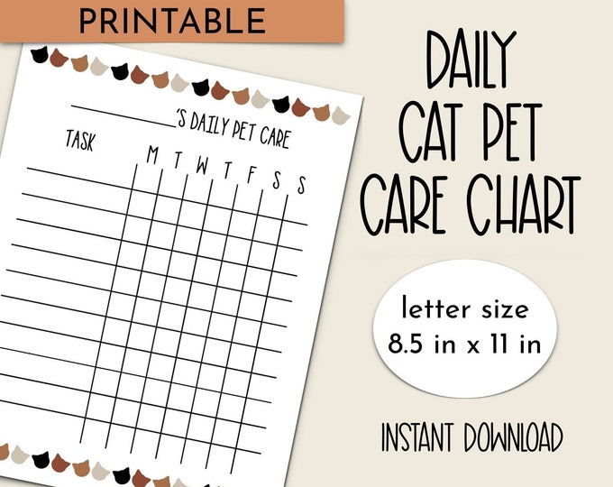 Printable Daily Cat Pet Care Chart, Weekly Cat Care Schedule, Cat Tasks ...