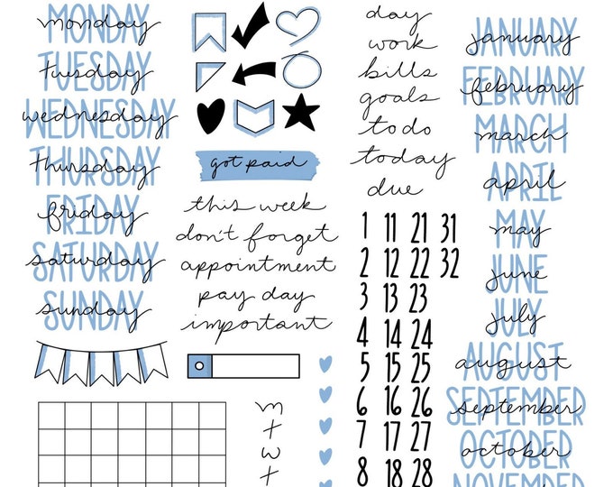 Minimalist Light Blue Calendar Digital Stickers for Goodnotes Planner ...