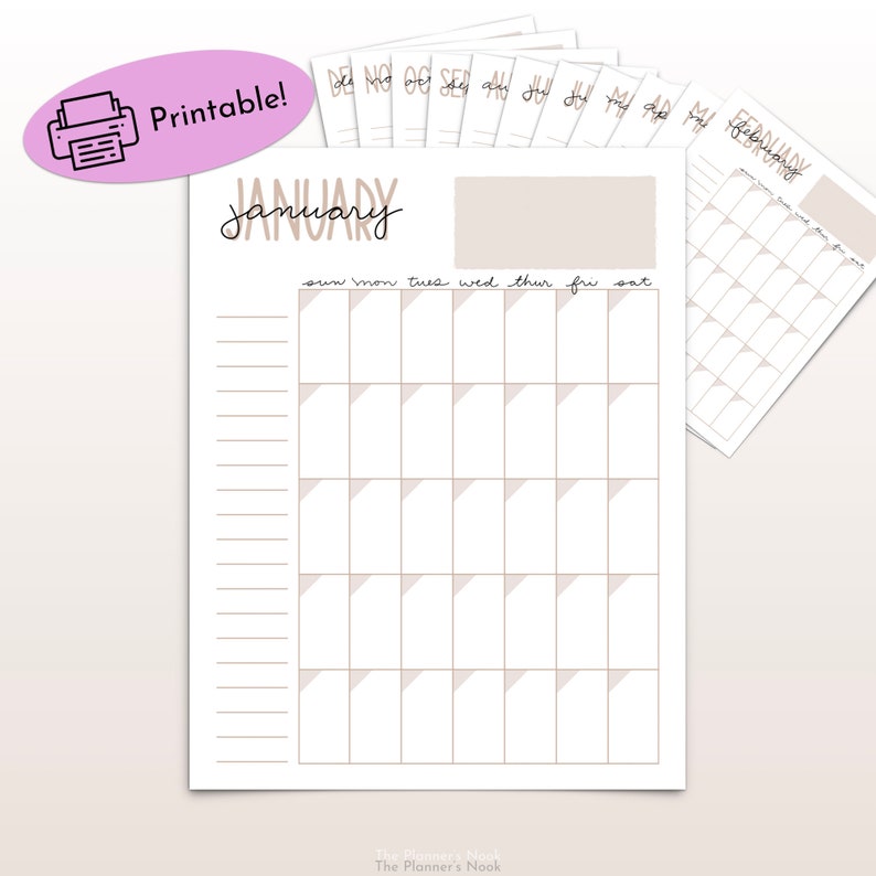 Minimalist Neutral Vertical Undated Monthly Calendar, Printable Blank ...