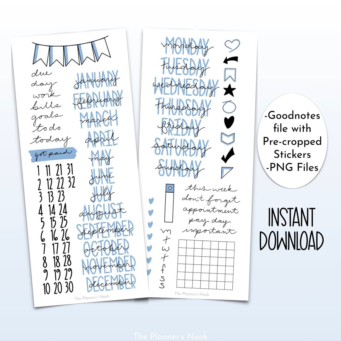 Minimalist Light Blue Calendar Digital Stickers for Goodnotes Planner ...