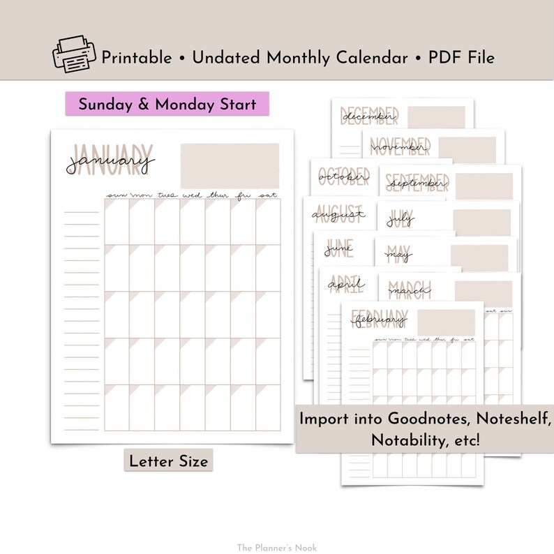Minimalist Neutral Vertical Undated Monthly Calendar, Printable Blank ...