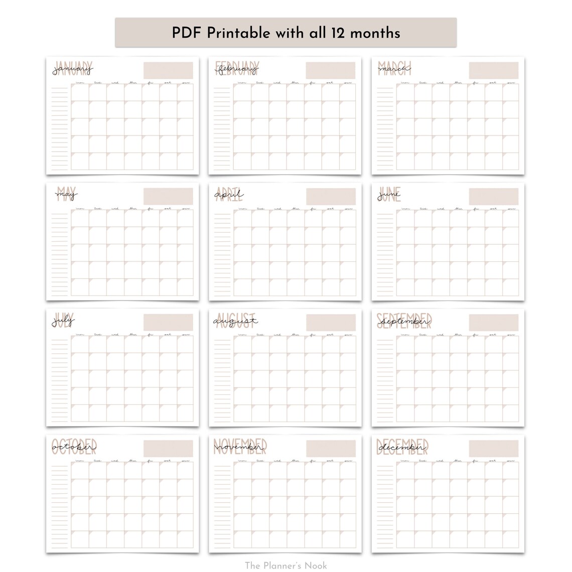 Minimalist Neutral Horizontal Undated Monthly Calendar, Printable Blank ...