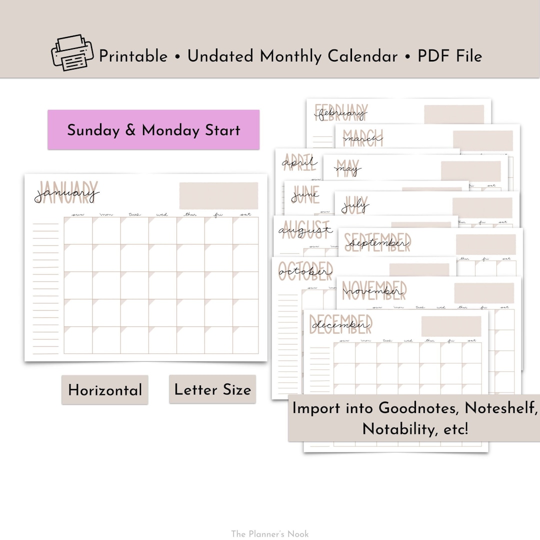 Minimalist Neutral Horizontal Undated Monthly Calendar, Printable Blank ...